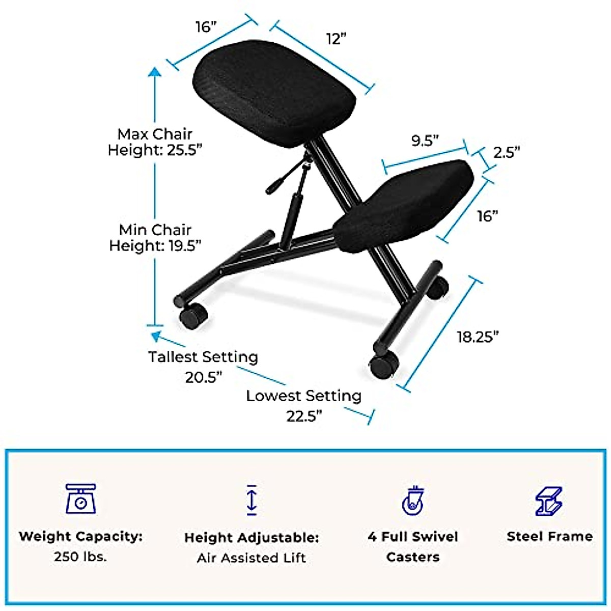 ProErgo Pneumatic Ergonomic Kneeling Chair | Fully Adjustable Mobile Office Seating | Improve Posture to Relieve Neck & Back Pain | Easy Assembly | Use in Home, Office & Classroom