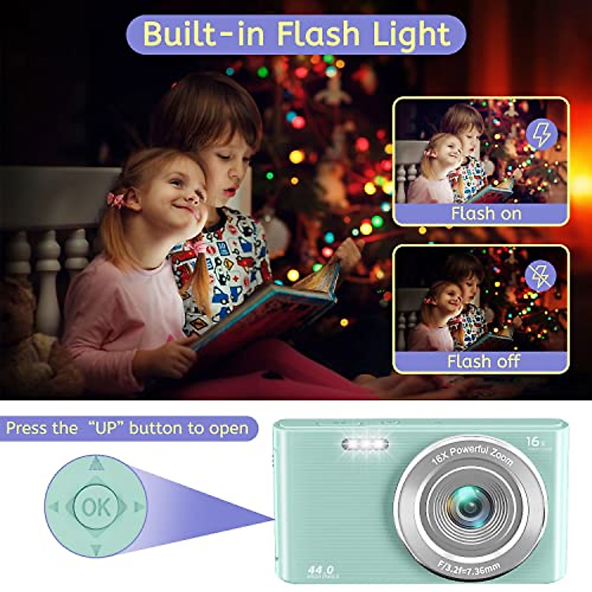 Digital Camera,Kids Camera with 32GB Card 2.7K 44MP Point and Shoot Camera with 16X Digital Zoom 2.4 Inch,Vlogging Camera for Students Teens Adults Girls Boys-Green3