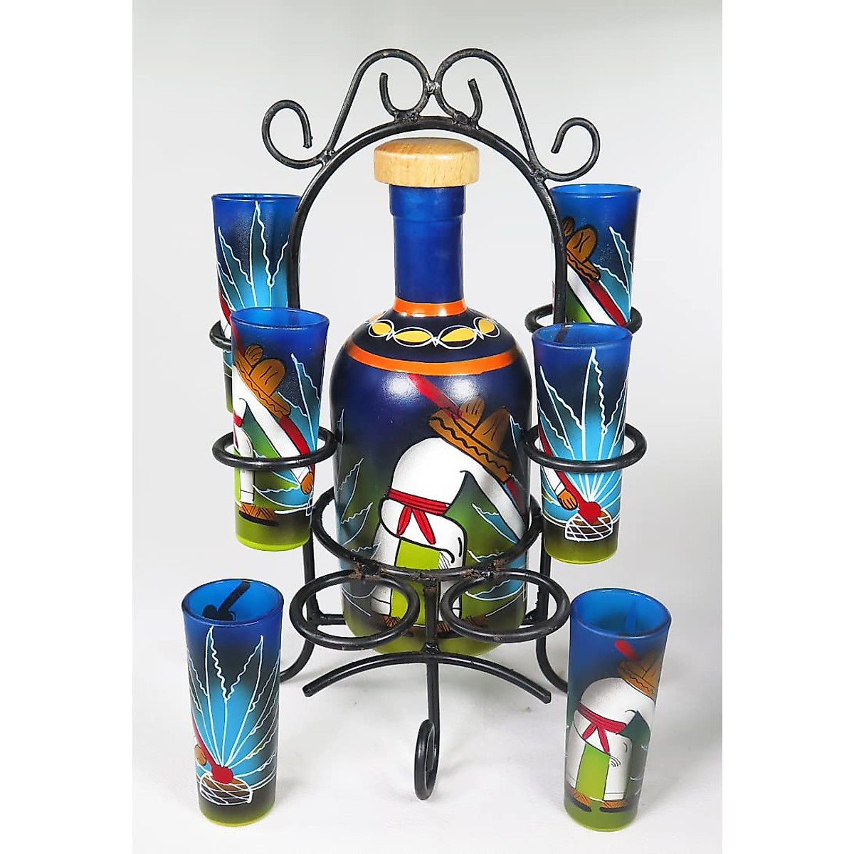 Eye4Art Mexican Tequila Shot Glasses and Bottle Set, Tequila Making Scene, Poncho with Agave Cactus hand painted Bottle, with display stand