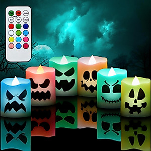 JOYIN 6 Pcs Halloween Flameless Candles with Remote Timer, Color Changing LED Candle Set with Design, Battery Operated LED Tealight Candles for Halloween Haunted House Decoration(1.5" x 2")