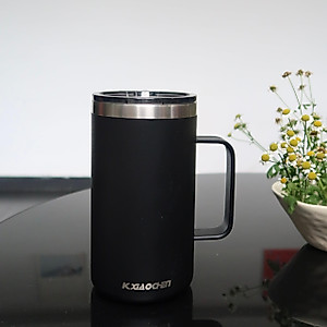 KXIAOCHEN 20oz Insulated Coffee Mug with Lid, Stainless Steel Coffee Cup, Double Wall Vacuum Coffee Tumbler with Handle, Premium Thermal Travel Coffee Mug (Black)