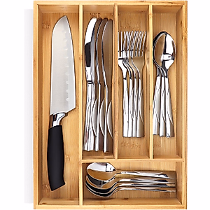 Pristine Bamboo Silverware Organizer– Utensil Organizer for Kitchen Drawers – Small Extra-Deep Wooden Kitchen Drawer Organizer Divider for Spoons Forks Knives cutleries