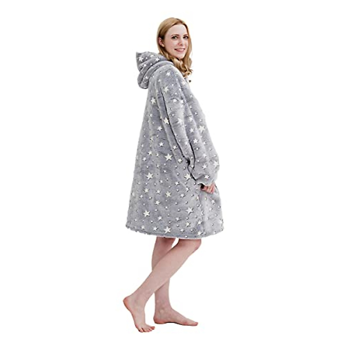 U&O Oversized Glow in Dark Wearable Sherpa Blanket Sweatshirt with Hood & Pocket and Sleeves Luminous Hoodie Blanket (Grey)
