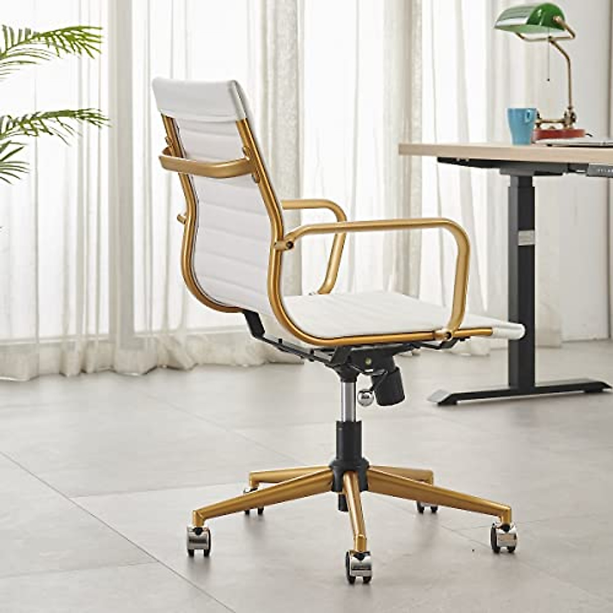 Hioryllks White Gold Office Chair White Gold Office Desk Chair Modern Office Chair Ergonomic Cute Desk Chair (3011 Gold White)