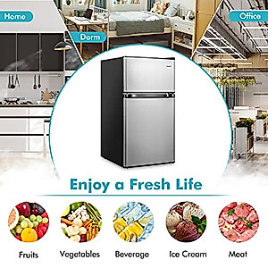 COSTWAY Compact Refrigerator, 3.2 Cu.Ft. Fridge Freezer Compartment with Reversible 2 Door, Adjustable Thermostat, Removable Glass Shelves, Mini Refrigerator for Bedroom Dorm Apartment Office, Silver