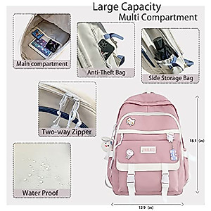 MEOKIM Kawaii Backpack with Cute Pin Accessories Plush Pendant Student Bag Large Capacity Waterproof Travel Backpack(Pink)