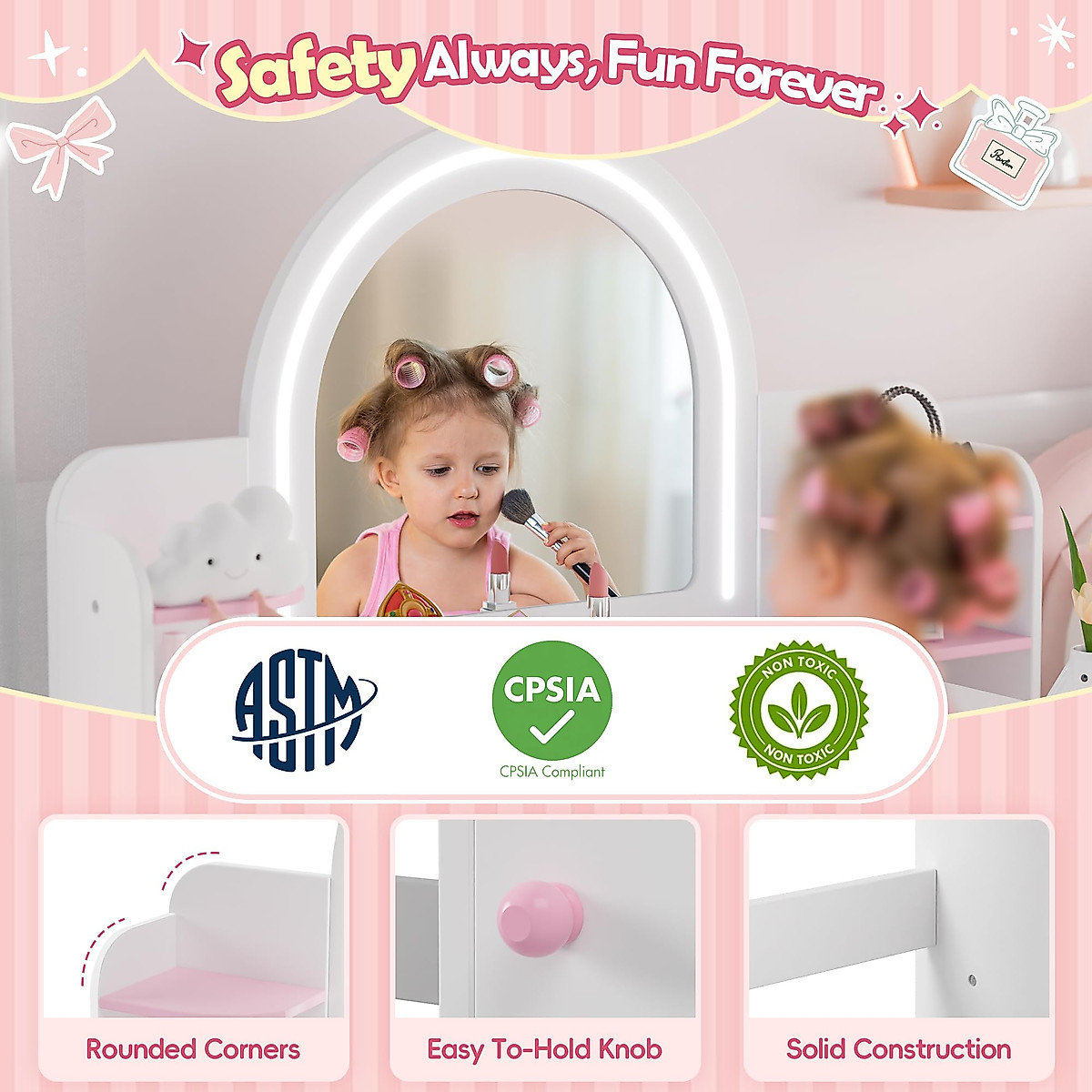 MU Kids Vanity with Lights, Princess Makeup Vanity Desk with Open Bookshelf, Storage Cabinet & Shelves, 2 in 1 Toddler Vanity Table & Chair Set with Lighted Mirror for Little Girls, White