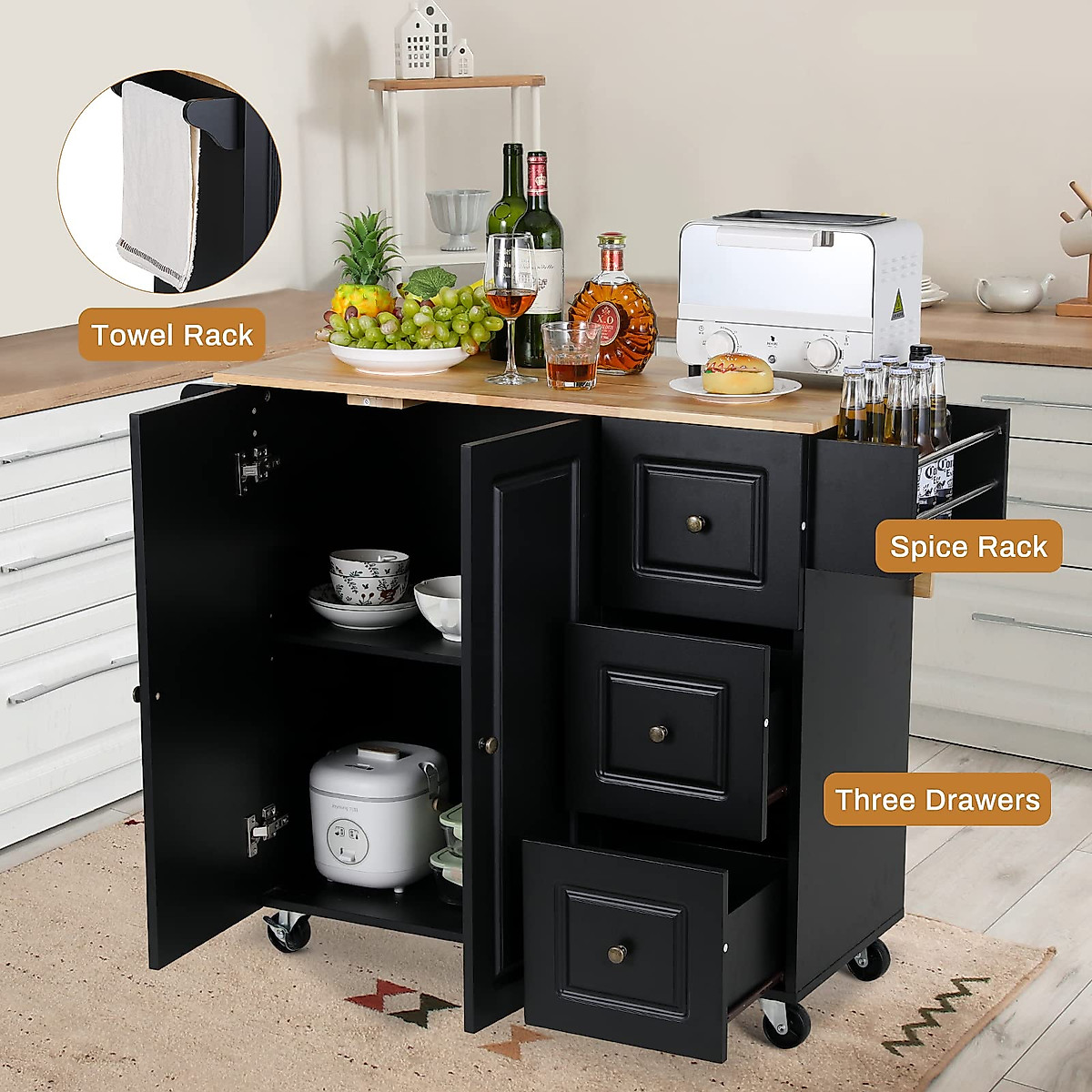 Kitchen Island with Storage,Kitchen Island on Wheels,Island Table for Kitchen,Rolling Kitchen Island,Kitchen Island Cart with Spice Rack, Towel Rack & Drawer, Expandable Top Large Kitchen Trolley Cart