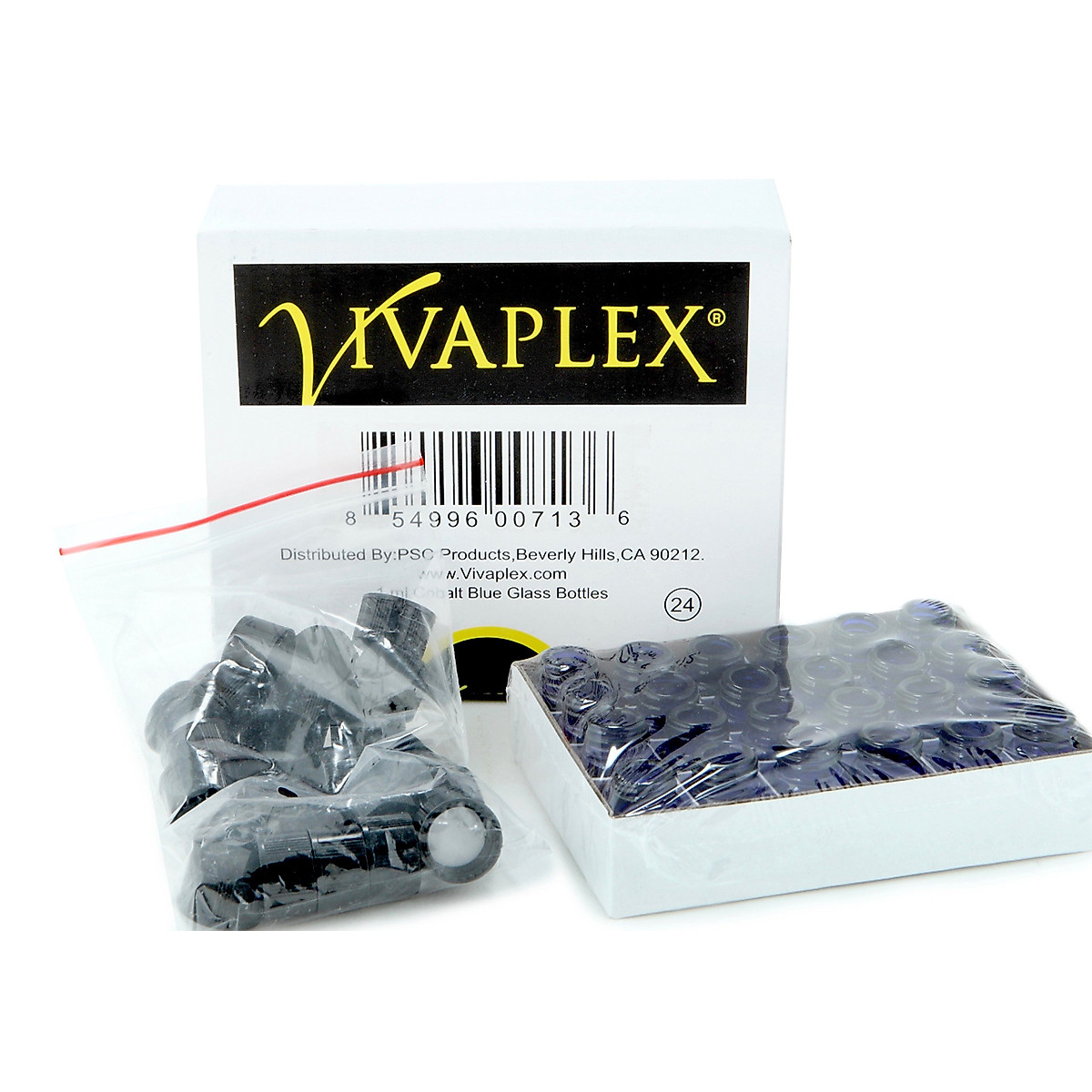 Vivaplex, 24, Cobalt Blue, 1 ml (1/4 Dram) Glass Bottles, with Orifice Reducers and Black Caps