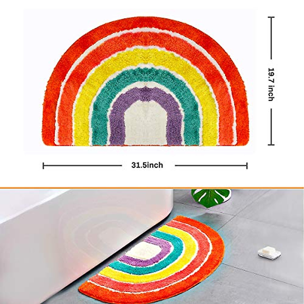 Bathroom Rugs, Jhua Half Round Area Rug Rainbow Indoor Floor Mat, Non Slip Half Circle Rug Fluffy Carpet, Soft Fuzzy Shaggy Throw Rugs for Living Room Bedroom Bathroom Kitchen Home Decor (31.5x19.7in)