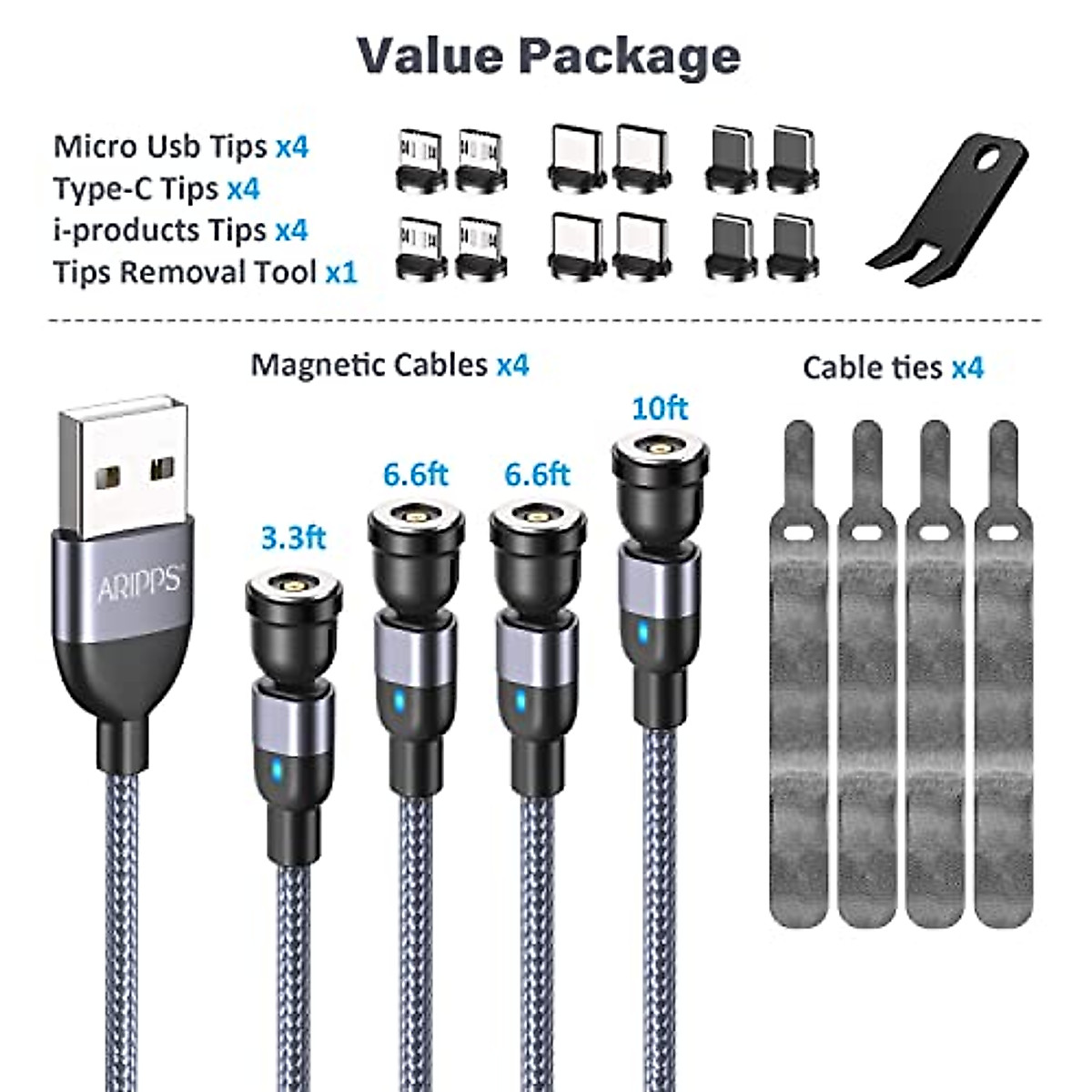 Aripps Magnetic Charging Cable 4 Pack (3.3ft/6.6ft/6.6ft/10ft), 540 Degree Rotating Magnetic Phone Charger Cable, 3 in 1 Nylon Braided Magnetic USB Cable for Type C, Micro USB
