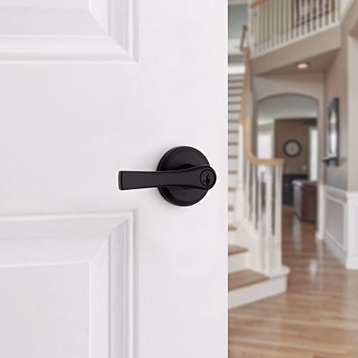 Kwikset Katella Keyed Entry Lever with Round Rose featuring SmartKey Security in Matte Black, 97402-922