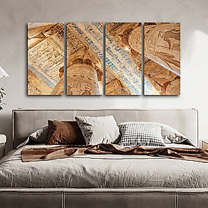 Wall Art Prints Paintings Stretched & Framed Beautiful interior of the Temple of Dendera or the Temple of Hathor Poster Home Living Room Decoration Ready to Hang 4 Panel Canvas Pictures