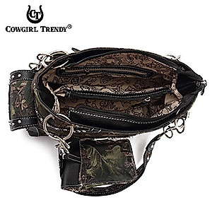 Cowgirl Trendy Camouflage Cross Western Style Studded Handbag Concealed Carry Purse Country Women Shoulder Bag Wallet (#3 Black Set)