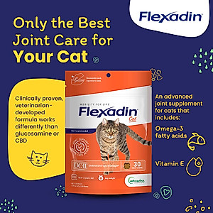 Vetoquinol Flexadin Cat Hip and Joint Support Chew with UC-II, Cat Joint Supplement, Clinically Proven and Veterinarian-Developed Formula for Hip and Joint Support Cats, 30 Count Bag