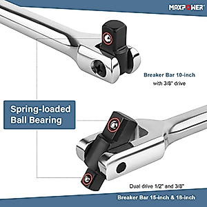 MAXPOWER 3Pcs Breaker Bar Set, Dual Drive 1/2" and 3/8" for Breaker Bars 15-inch and 18-inch, 10-inch Short Breaker Bar 1/2"