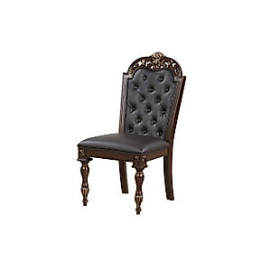 Benjara Mitch 21 Inch Tufted Dining Chair, Carved Details, Faux Leather Seat, Brown and Black