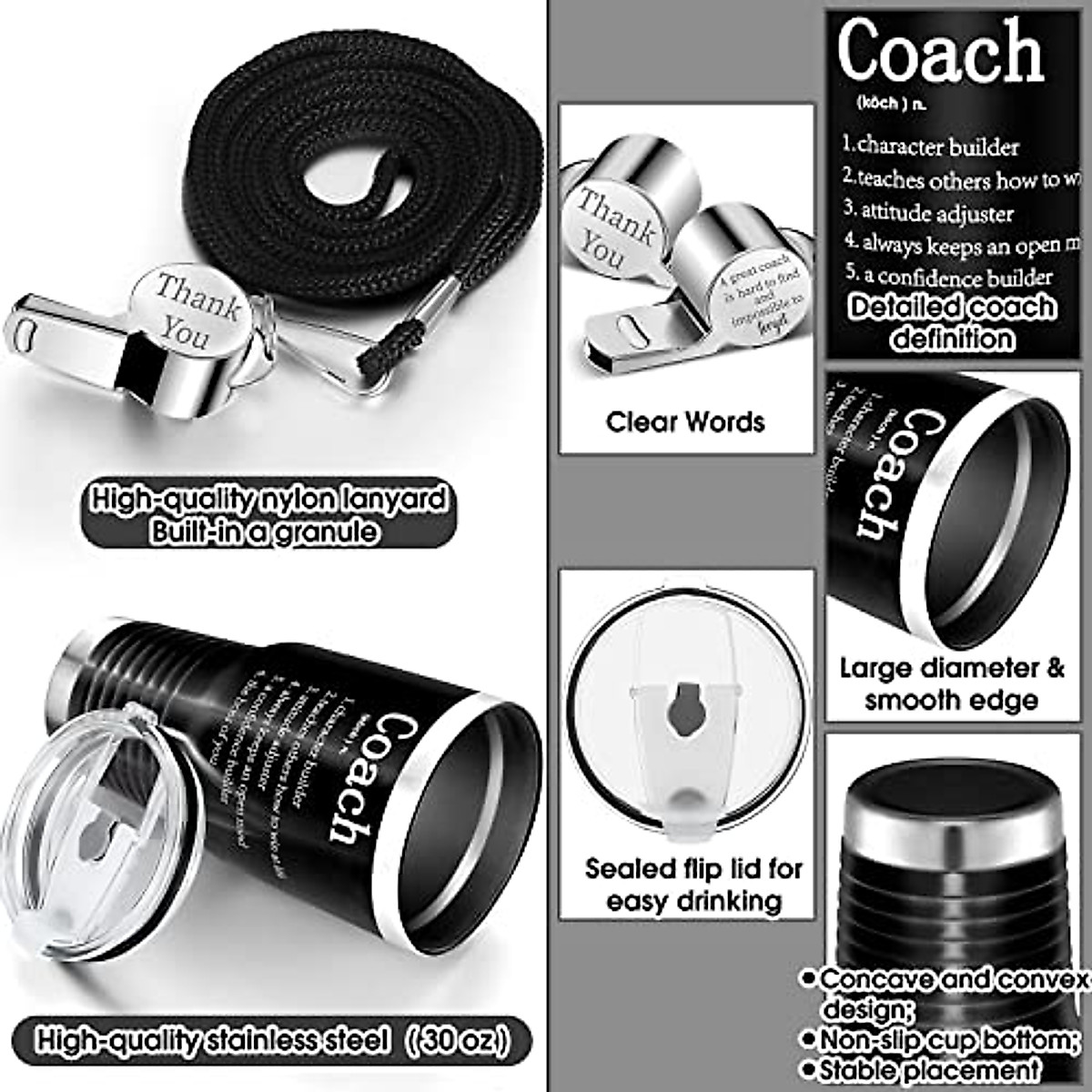 Eaasty Coach Gifts for Men Best Coach Tumbler Includes 30 oz Coach Mug and Coach Whistle Stainless Steel Travel Mug with Lid for Coach Men Women (Black,6 Pcs)
