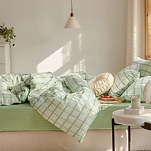 LifeTB 4 PCS Reversible Green Plaid Duvet Cover Set 【1 Queen Duvet Cover + 2 Standard Pillowcases + 1 Queen Fitted Sheet】
