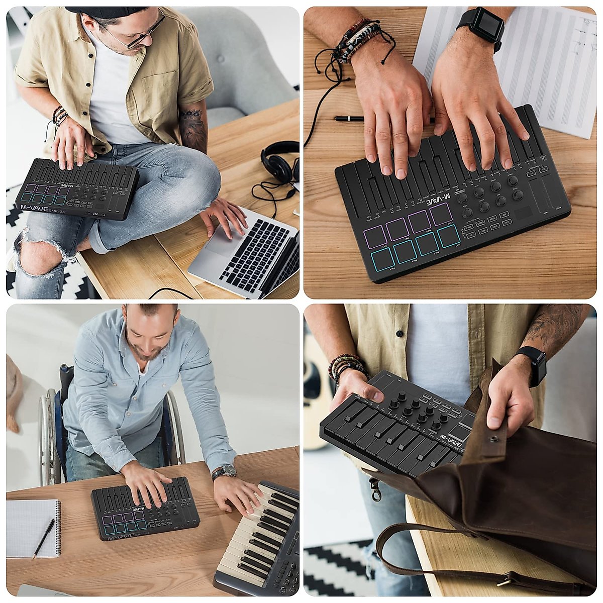 M-WAVE 25 Key USB MIDI Keyboard Controller With 8 Backlit Drum Pads, Bluetooth Semi Weighted Professional dynamic keybed 8 Knobs and Music Production,Software Included (Black)