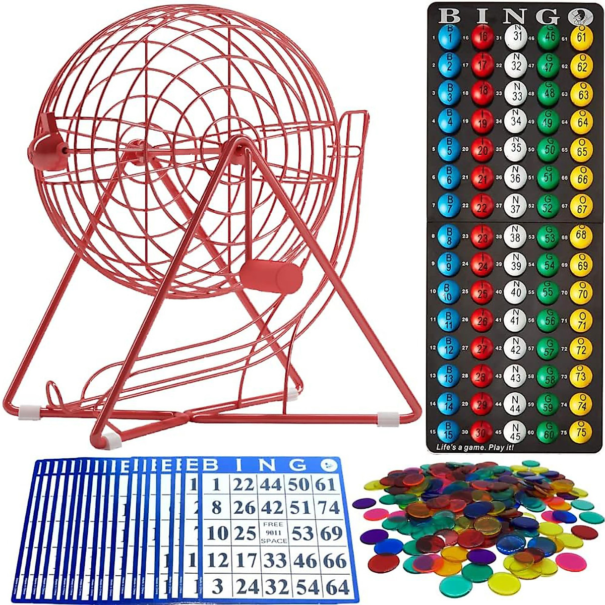 MR CHIPS 11" Tall Bingo Set with Steel Cage Professional Game Everlasting 7/8” Balls, 18 Cards and 300 Chips - Lucky Red Color
