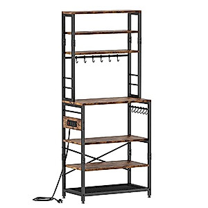 Monesti 7-Tier Kitchen Baker’s Rack with Power Outlet，Utility Storage Shelf Rack with 12 Hooks, Industrial Microwave Stand, Floor Standing Spice Rack Organizer Workstation(Rustic Brown).