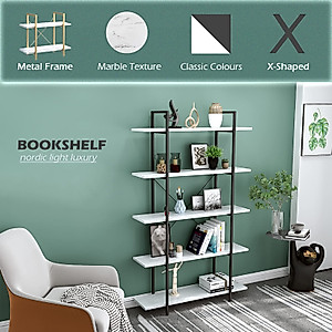 IOTXY 5-Tier Open Shelf Bookcase - Modern Freestanding Wooden Display Stand Unit with Metal Frame for Home and Office, Bookshelf, Black White