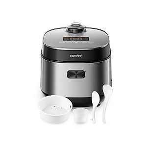 COMFEE' Compact Rice Cooker 8 Cups Cooked/4 Cups Uncooked, 9-in-1 Multi Cooker, Fast Rice Maker, Steam, Brown Rice, Grains, Fuzzy Logic Technology, Grey