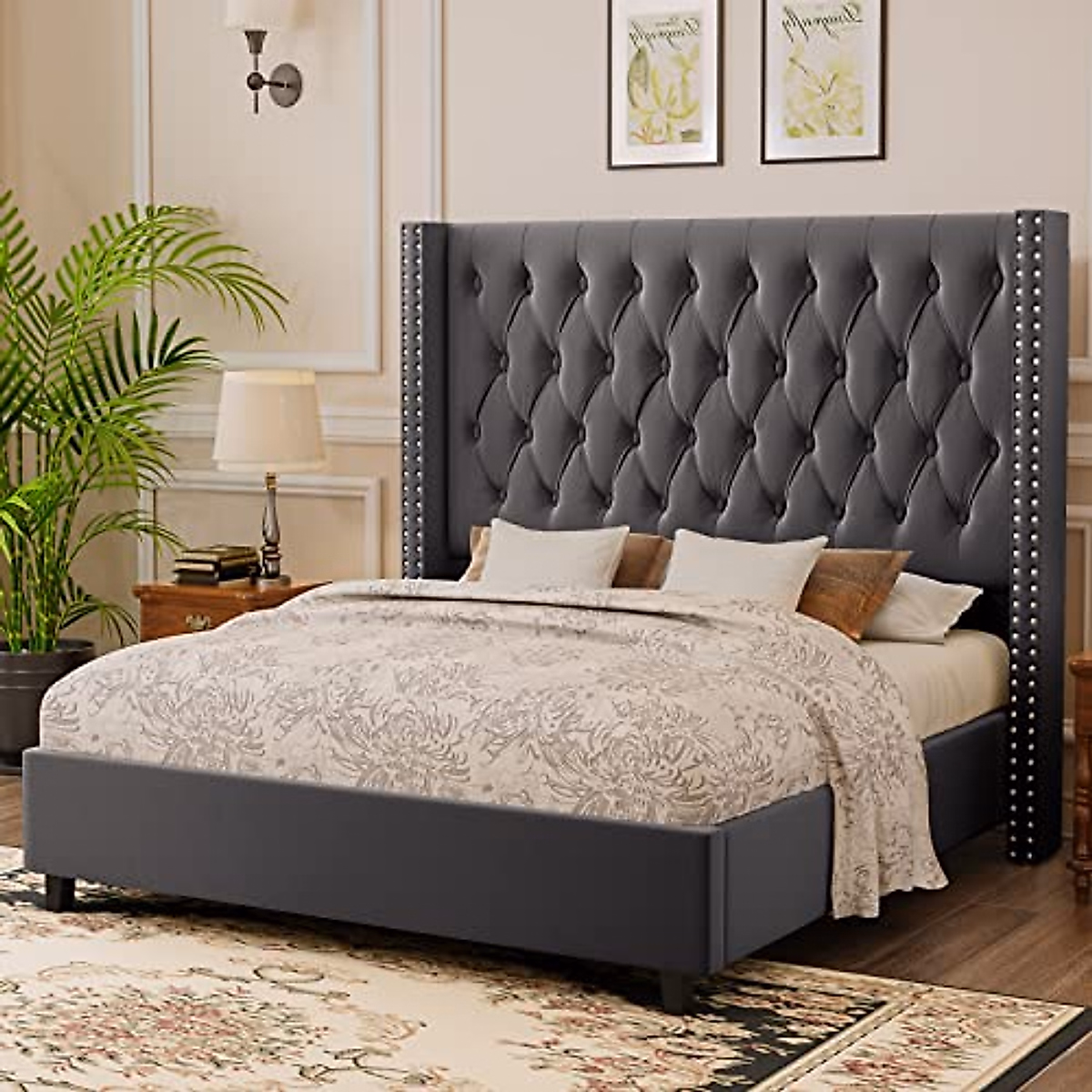 PaPaJet King Bed Frame Velvet Upholstered Bed with Deep Button Tufted/No Box Spring Needed/Easy Assembly/Dark Grey
