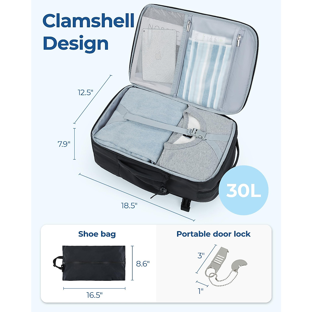 BAGSMART Carry On Travel Backpack, 17.3 Inch Large Travel backpack Carry On Flight Approved, Anti-theft Personal Item Backpack Travel Bag With Shoe Bag, 30L Water Resistant Casual Daypack, Black