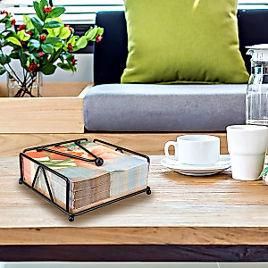 MOLEDINO Flat Napkin Holder for Kitchen Dining Table, Metal Black Napkin Holder with Weighted Arm Modern Sturdy Cast Iron Cocktail Bar Luncheon Beverage Napkin Holder Wooden Base Outdoor Picnic Party