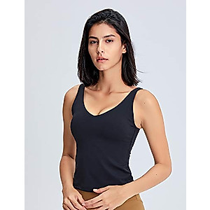 POSHDIVAH Women Sports Bra Longline Padded Tank Top Naked Feeling Workout Fitness Running Yoga Tops Black Medium