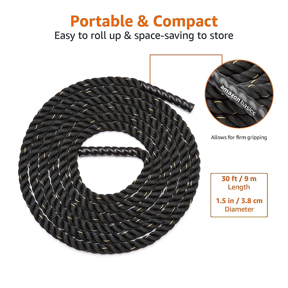 Amazon Basics Heavy Exercise Training Workout Battle Rope, 1.5 Inch Diameter x 30 Ft Length, Black