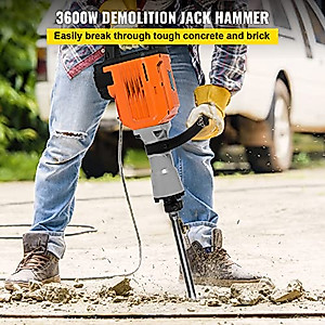 Mophorn 3500W Jack Hammer Demolition, Heavy Duty Electric Concrete Breaker Lock Speed Button 1400 BPM Chipping Hammer with Flat Chisel & Bull Point Chisel & Gloves