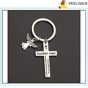 FEELMEM Guardian Angel Prayer Cross Keychain Guardian Angel Protect Me My Passengers By Safe Drive Safe Trip Travel Safely Keyring Motorist Prayer Gift (silver)