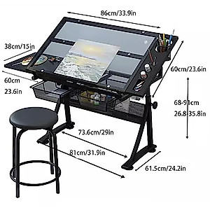 TeMkin 2 Storage Drawers and Stool Drafting Table Drawing Desk Height Adjustable Craft Table for Home Office School Study Room (Color : Glass)