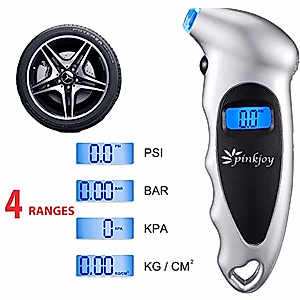 PINKJOY Digital Tire Pressure Gauge 150 PSI, 4 Settings, Tire Gauge for Car, Truck, Motorcycle, Bicycle with Backlit LCD and Non-Slip Grip (Silver)