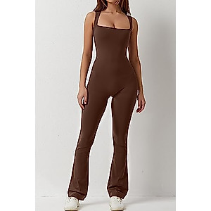 QINSEN Jumpsuit for Women Wide Leg Full Length Leggings Sexy Sleeveless Tank Flare Playsuit Coffee S