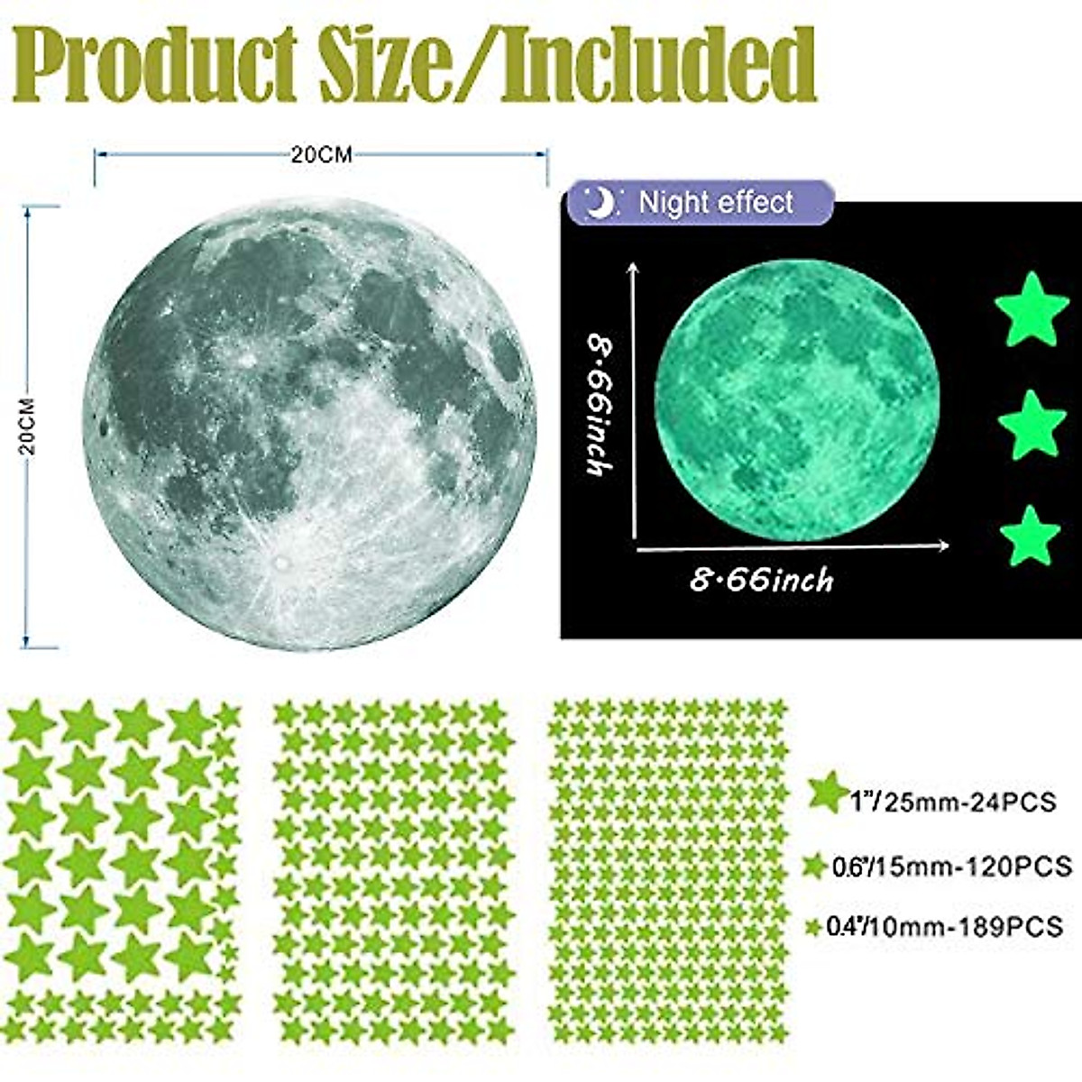 Glow in The Dark Stars and Moon Wall Stickers for Baby Room, Luminous Wall Decal Realistic Star and 3D Full Moon Starry Sky Decoration for Kid Toddler Bedroom, Ceiling Halloween decor (333Stars,1Moon)