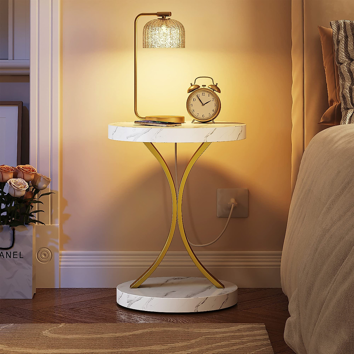 YITAHOME Round End Tables, Modern Gold Round Side Table with Faux Marble Top and Gold Metal Frame, Small End Table Accent Table Nightstand for Living Room Bedroom, Faux Marble White