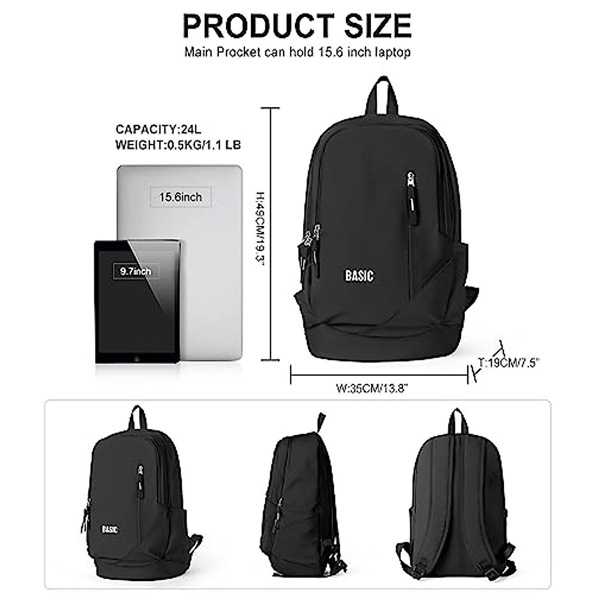 weradar Black Backpack For High School Women,Waterproof Middle School bag For Teen Girls Boys,Casual Daypack Bookbag Lightweight College Backpack For Men