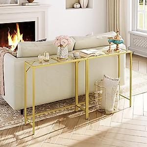 MAHANCRIS Slim Console Table, 27" Narrow Behind Sofa Table, Tempered Glass Entryway Table with Metal Frame, Adjustable Feet, Industrial Style, for Entrance, Living Room, Hallway, Glod CTJ68B01