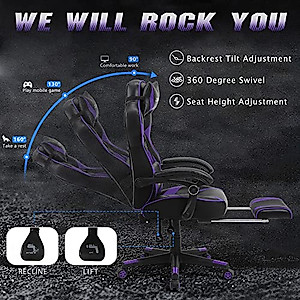 Purple Gaming Chair, Reclining Computer Chair with Footrest, High Back Gamer Chair with Massage, Large Computer Gaming Chair, Racing Style Desk Chair for Gaming, Big and Tall Gaming Chairs for Adults