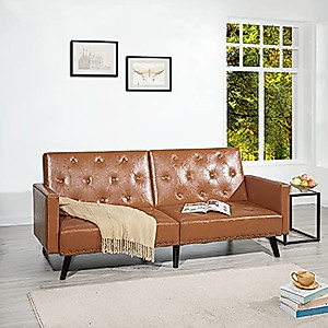 Naomi Home Jolene Tufted Split Back Futon, Mid Century Convertible Sofa Bed for Small Rooms, Faux Leather Couch, Perfect for Your Modern Living Room- Caramel, Faux Leather