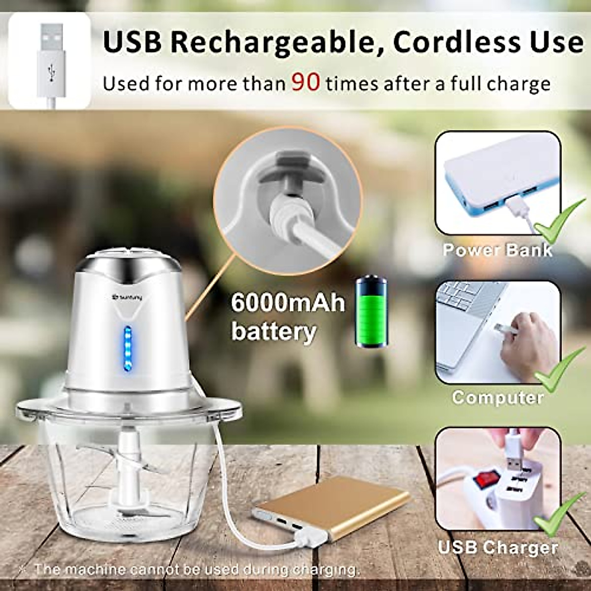 Food Processor 6000mAh Wireless Vegetable Chopper with 5 Cup Glass Bowl, Electric Garlic Meat Choppers BPA-free Baby Food Processors Puree Blender Mini Kitchen Mincer with 4 Blades, 2 Speeds (White)