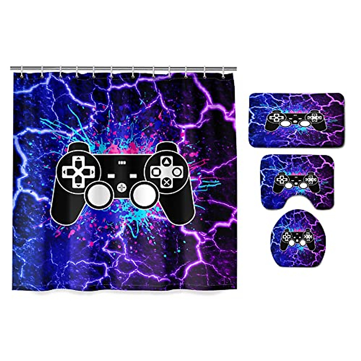 4Pcs Boys Shower Curtain Set for Bathroom Gaming Decor, Game Bathroom Sets with Gamepad Bath Rugs Toilet Lid Cover, Purple Lightning Painting Gaming Shower Curtain Washable, Blue (70 x 70 Inch)