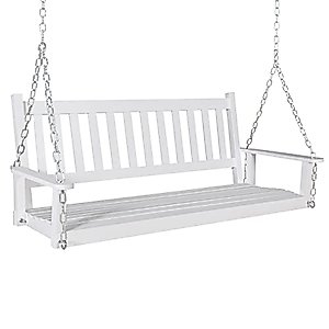 MUPATER Outdoor Patio Hanging Wooden Porch Swing 5FT with Chains, 3-Person Heavy Duty Swing Bench for Garden and Backyard, White