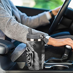 ZJCDPBR 30 Oz Tumbler with Foldable Handle And Flip Straw,Black White Tiger Vacuum Insulated Travel Coffee Tumblers,Stainless Steel Leak-Proof Water Bottle,Fits in Cup Holder,Keep Cold 24H & Hot 12H