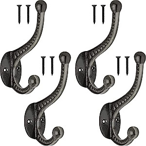 Neighbours Lane Cast Iron Hooks for Hanging Coats - Vintage Wall Hooks for Hanging Towels, Robes, Hats, Bags & More - Medium-Sized Mounted Decorative Wall Hook in Elegant Black Finish Pack of 4
