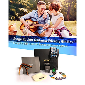 Stage Rocker Guitar Accessories Gift Box for Acoustic and Electric Guitars, Blue Jacquard Weave Guitar Strap, Picks, Capo, Tuner, Cleaning Cloth, 5-in-1 Essential Gift